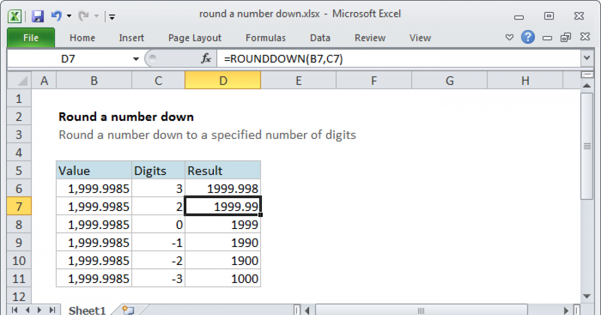 Round A Number Down Excel Formula Exceljet